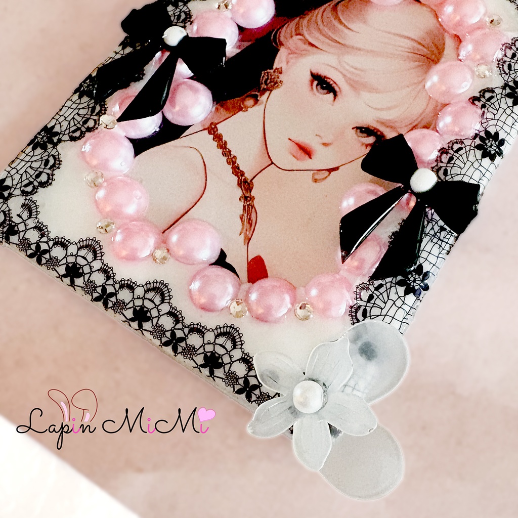 レジン 硬質トレカケース チェキ 黒 レース リボン 花 パール カード チェキ ケース - Lapin MiMi - BOOTH