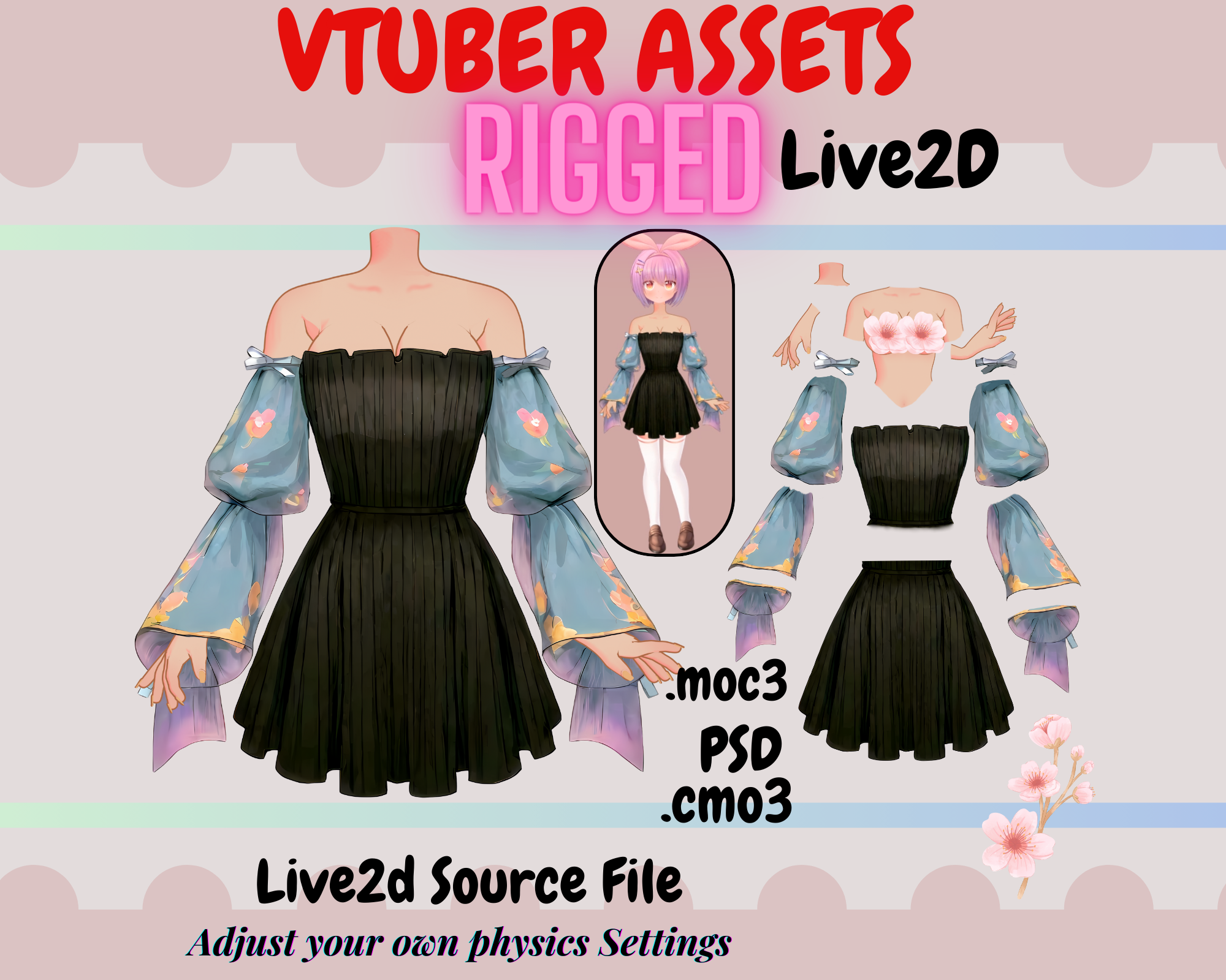 [Live2Dアイテム] rigged vtuber Outfit Asset /Kawaii off shoulder Dress /psd ...