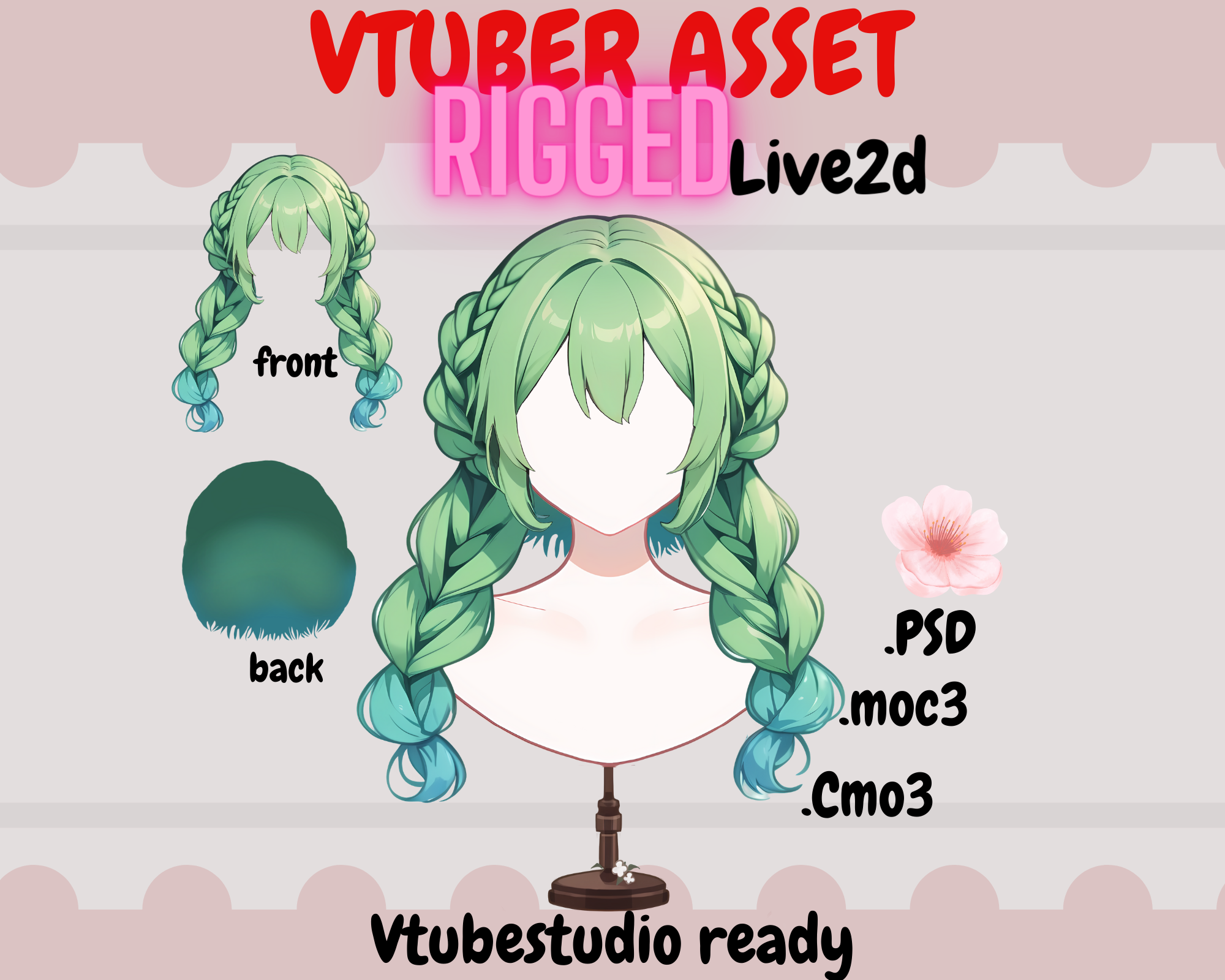 [Live2Dアイテム] Kawaii rigged vtuber Hair, Braids /psd, moc3, cmo3/ Vtuber accessory, live2d asset ...