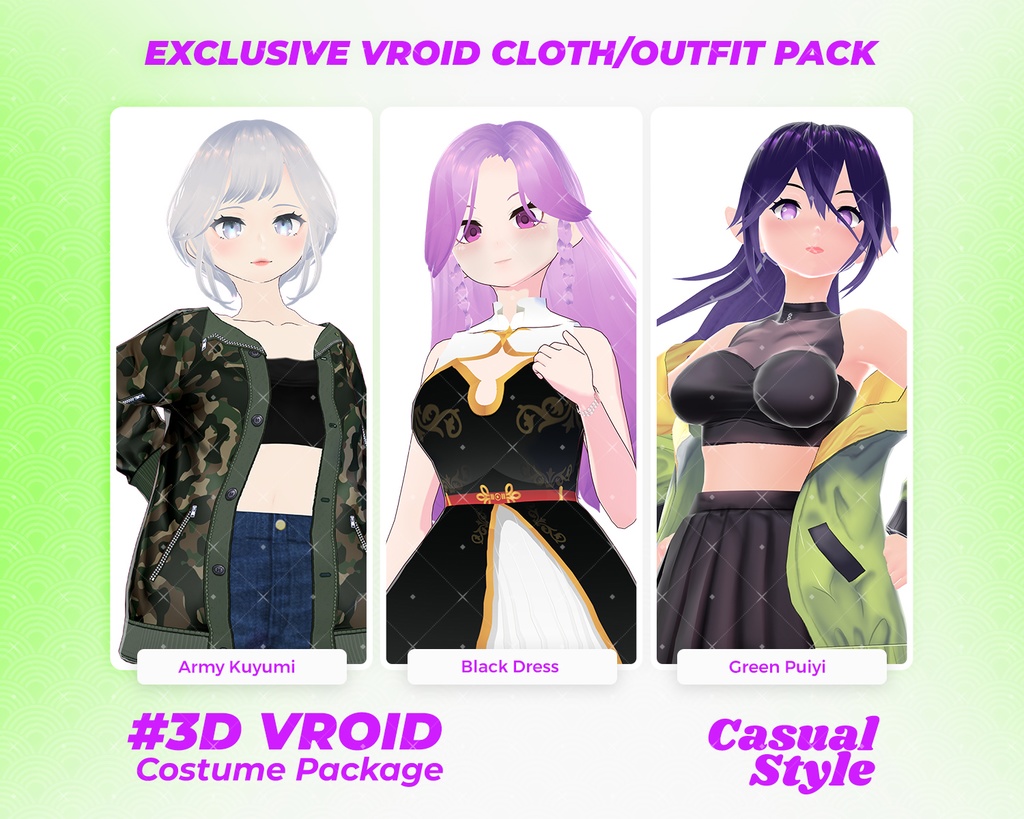 3D VRoid Casual Outfit Pack Camo Jacket, Elegant Dress & Streetwear ...