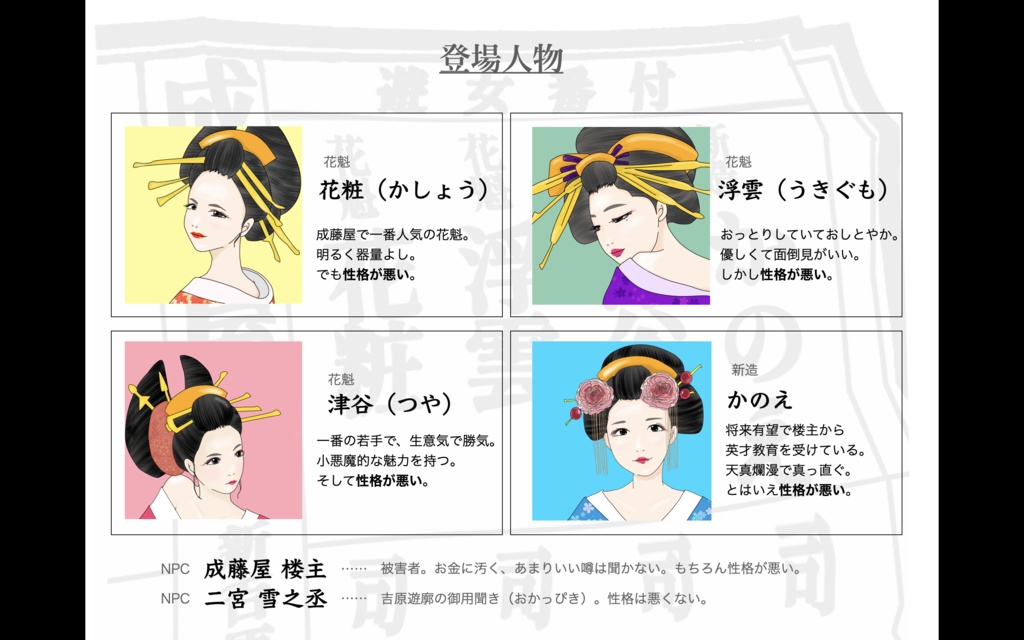 マーダーミステリー「吉原ゴシップspring」（PL4人＋GM要） - TQB - BOOTH