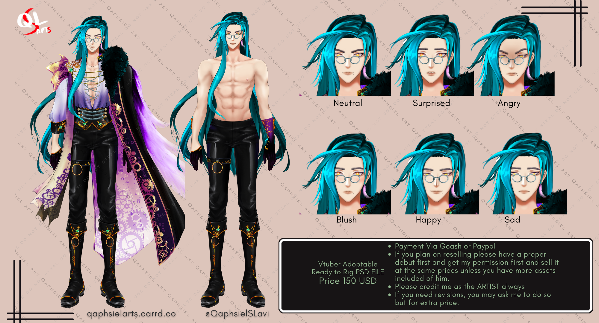 Premade adoptable Live 2D Vtuber Model - Ready to rig PSD file. 6 expressions. Male L2D Avatar ...