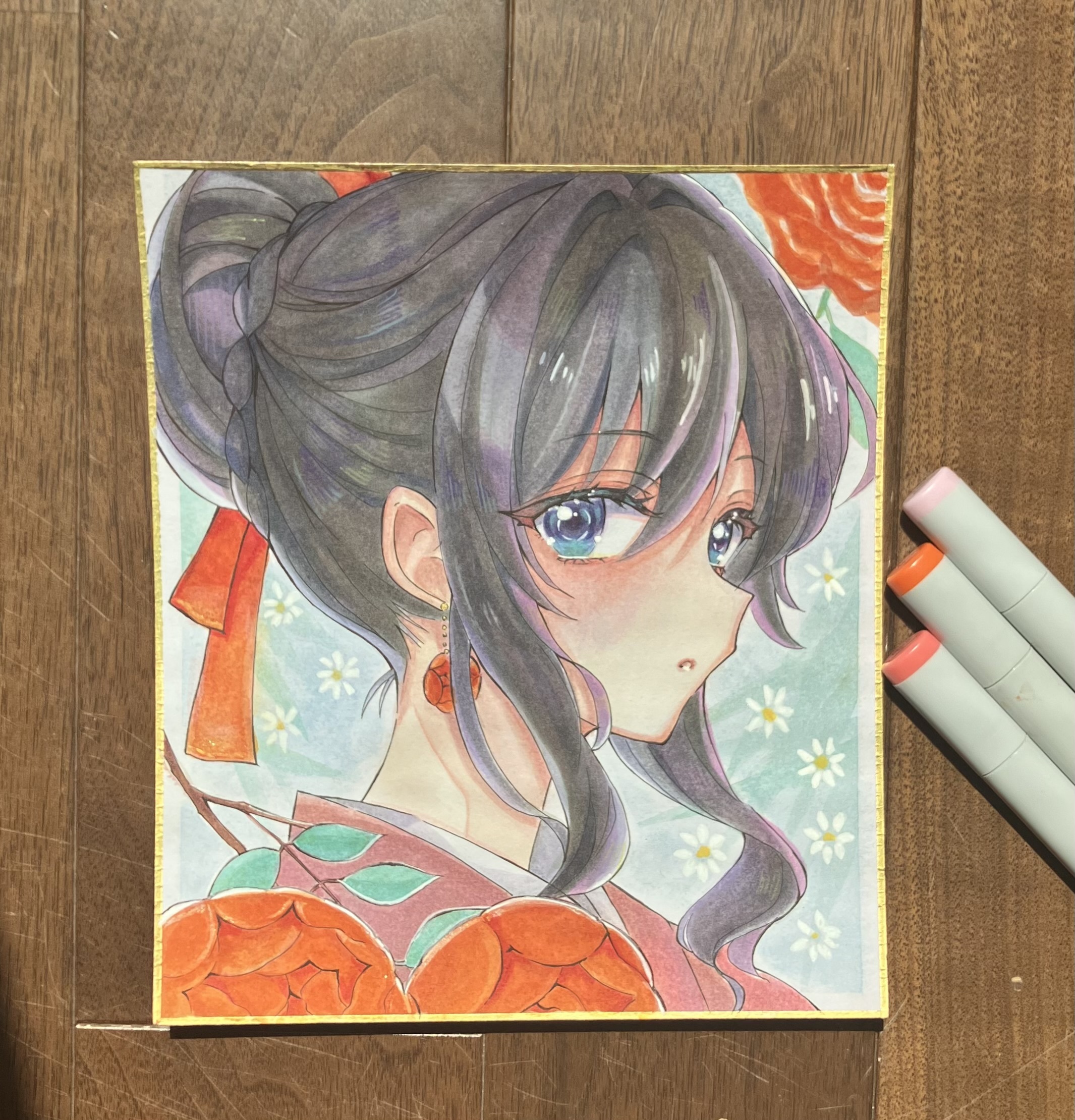 手描き色紙 コピック色紙 コピック原画 アナログ原画 ローズちゃん横顔 - 手描き原画色紙とタペストリーのこうまる屋 - BOOTH