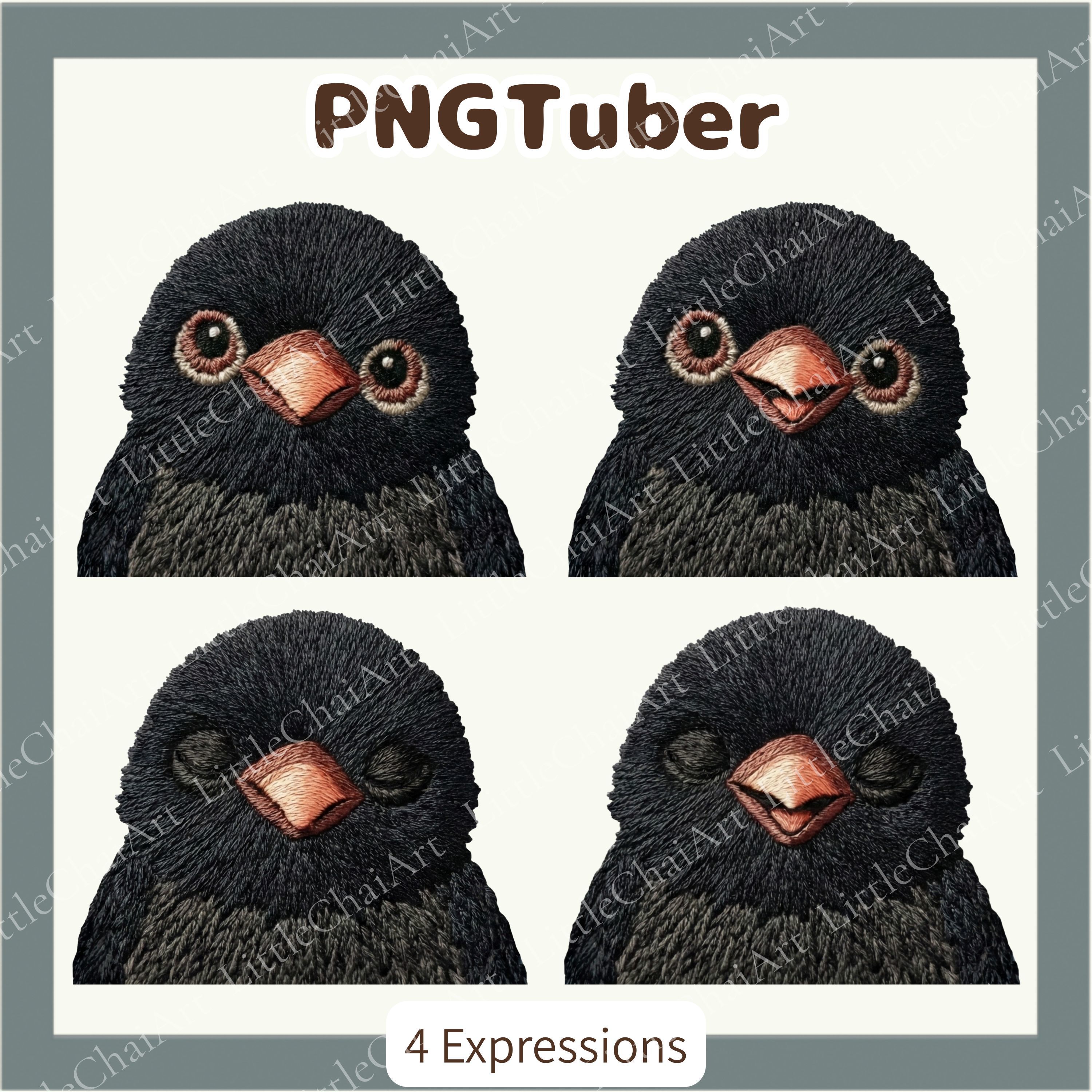 Veadotube対応 刺繍風 カラス PNGtuber素材 - 4表情セット / Embroidery Crow PNGTuber ...