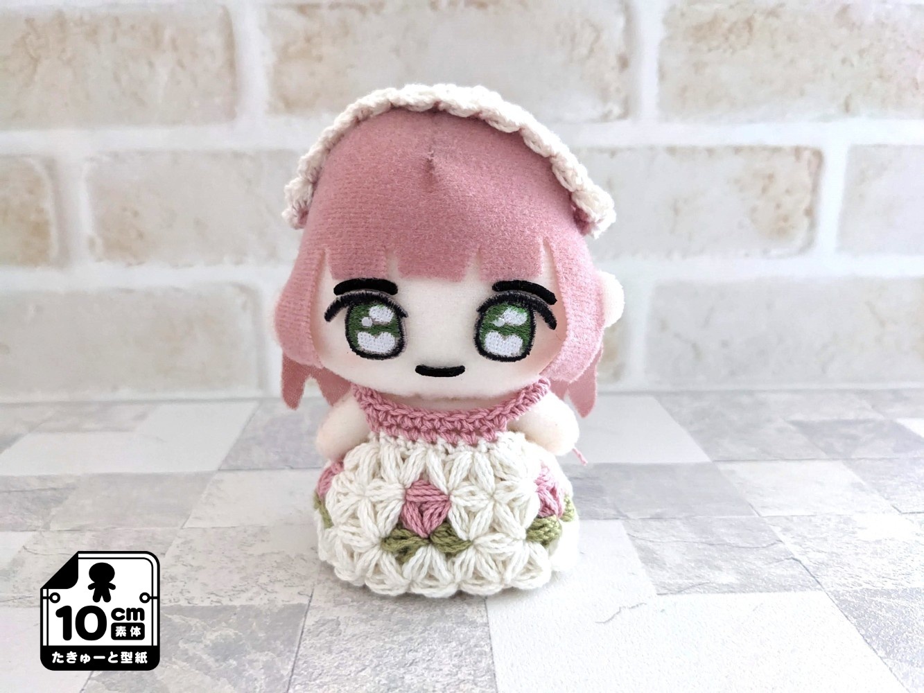 10-11cmぬいサイズ リフ編みワンピース＋ヘッドドレス（小さい花模様） - 193_amimono - BOOTH