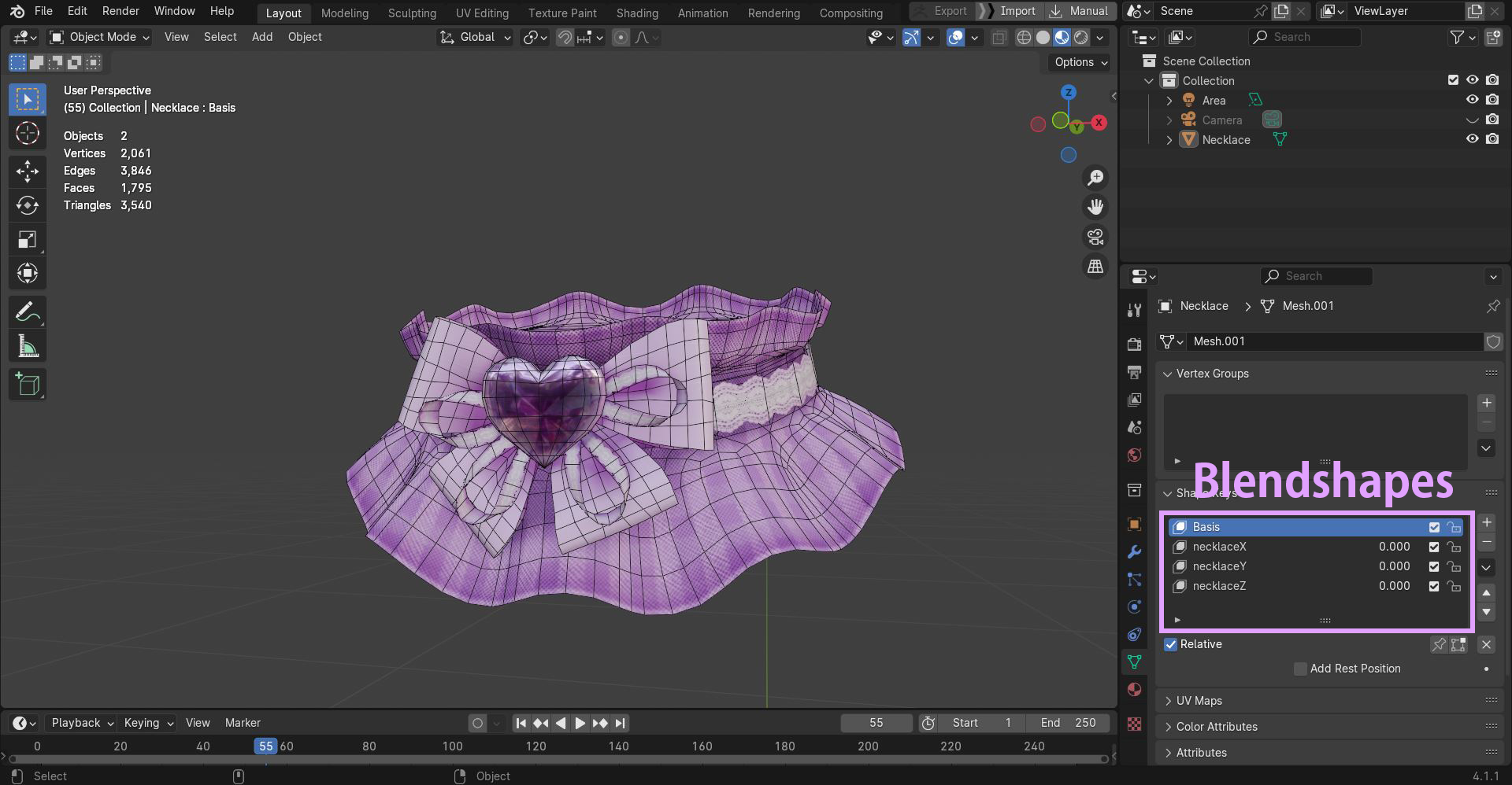 あらゆる体型にフィットするブレンドシェイプを備えた VRChat 用パープルネックレス / Purple Necklace for ...
