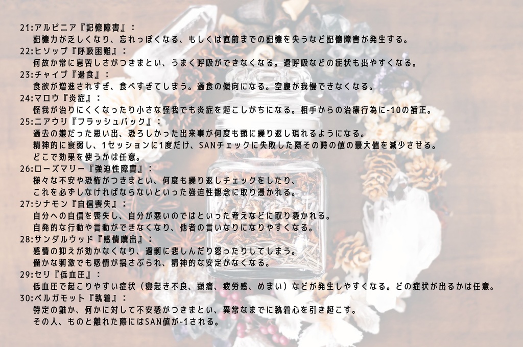 【CoCオリジナル狂気表】ハーブ不定表 - 星芒の花栽培所 - BOOTH