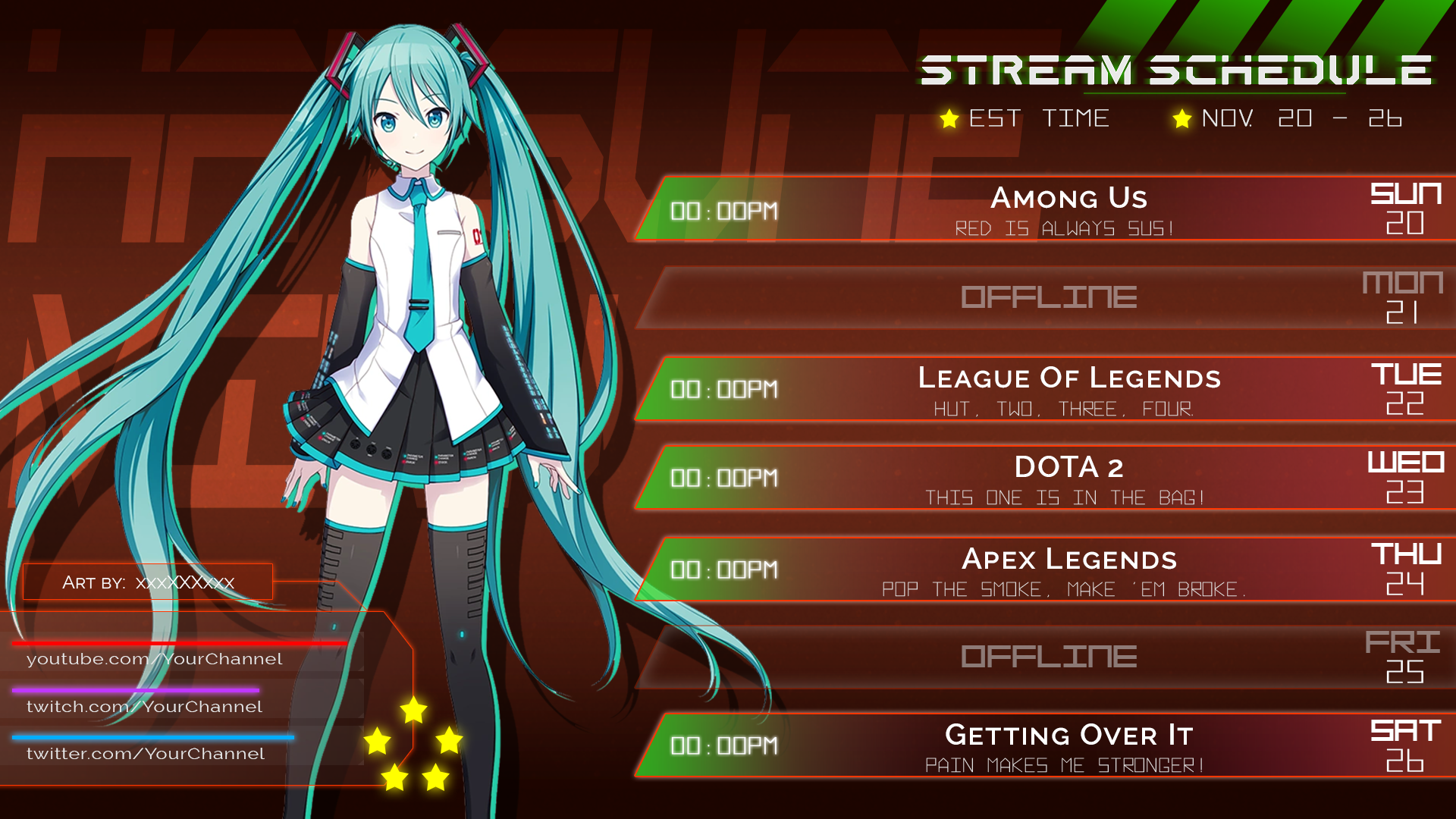 Futuristic Stream Schedule Template for Vtuber, 5 in 1 blue, green ...