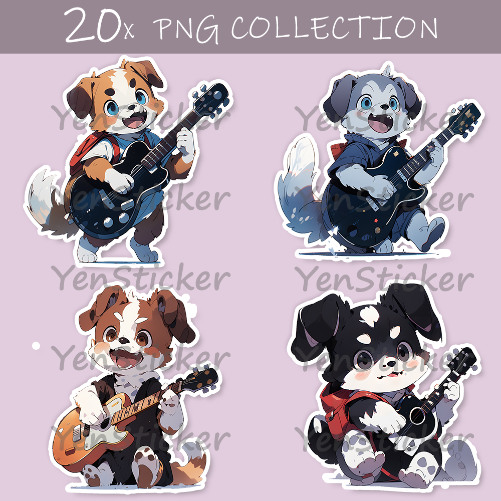 Cute digital design for sticker bundle (20P), Puppy playing guitar - かわいいデジタルデザインステッカーバンドル（20P ...