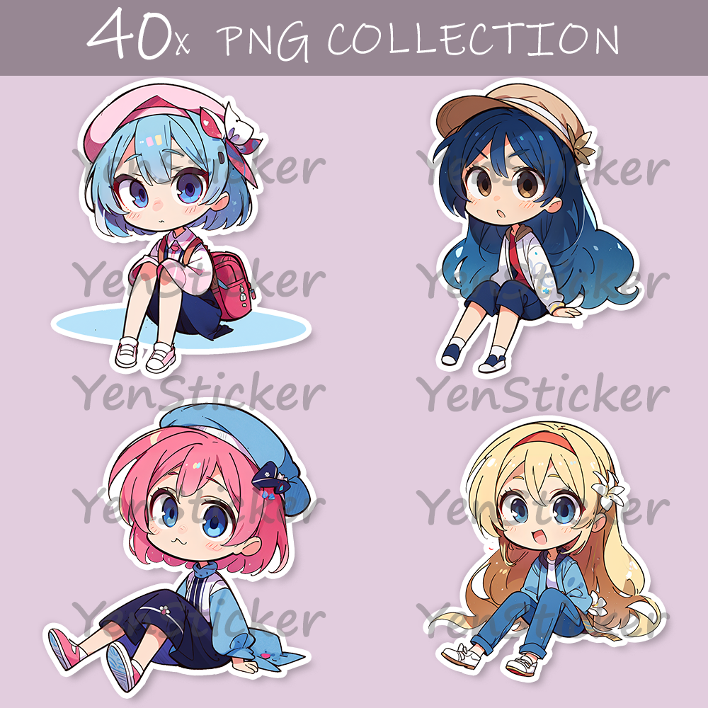 Cute digital design for sticker bundle (40P), Little girl sitting- かわいい ...