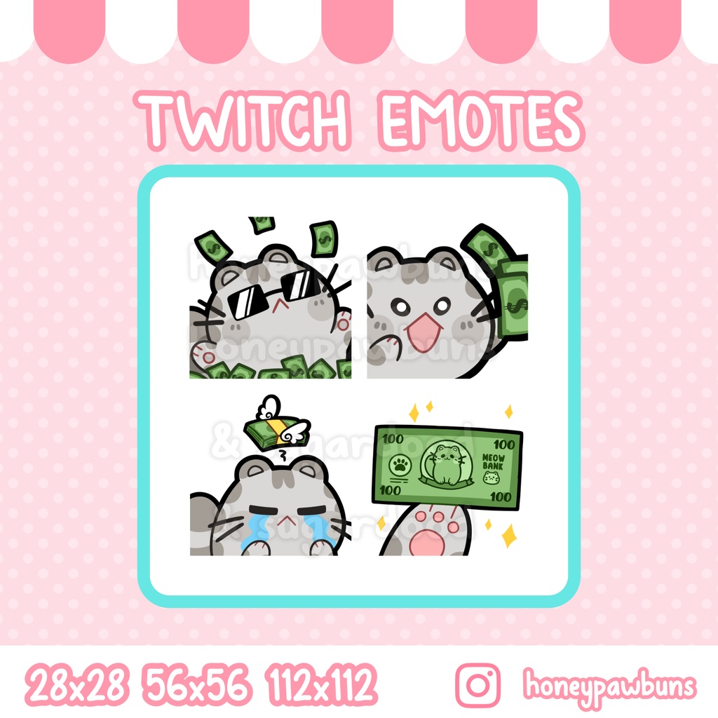 Grey Tabby Cat Money Emote Set and Single Emotes - sugardood - BOOTH