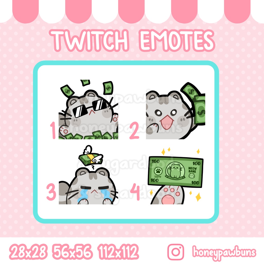Grey Tabby Cat Money Emote Set and Single Emotes - sugardood - BOOTH