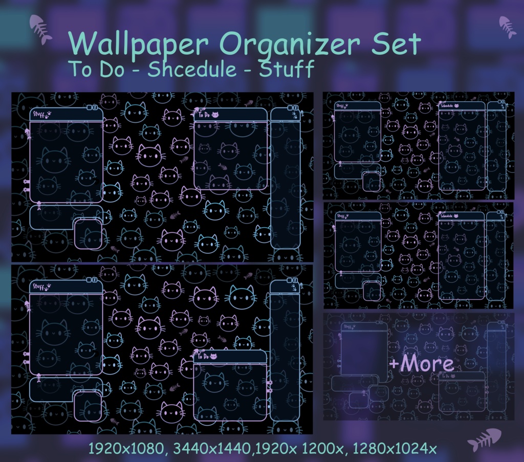 Kitty Computer Desktop Theme Background Wallpaper Organizer Set, Dark ...