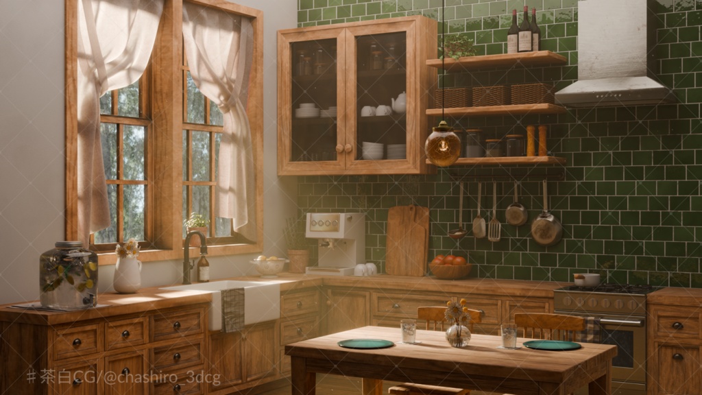 【フリー】ウッド×グリーン｜カントリー調キッチン - 茶白CG - BOOTH