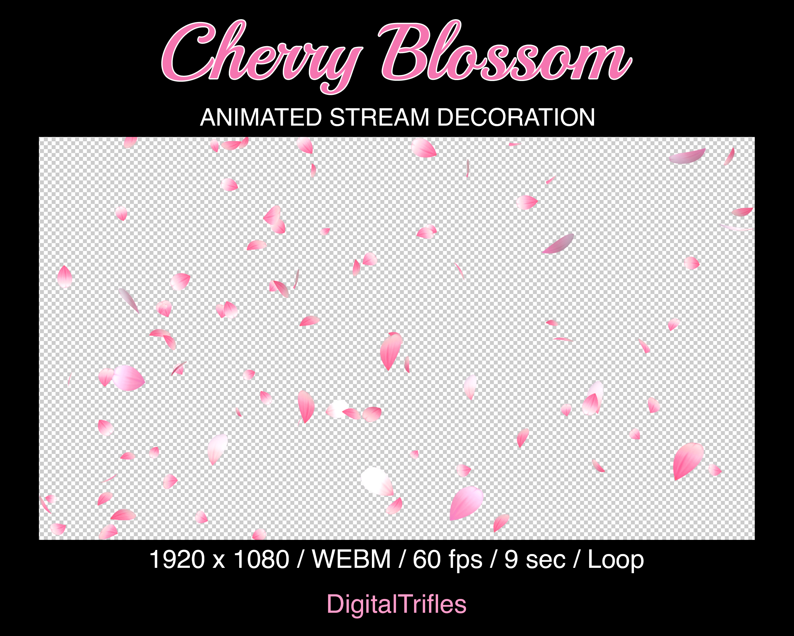 Cherry blossom animation, Twitch stream overlay, pink sakura petals falling on transparent ...