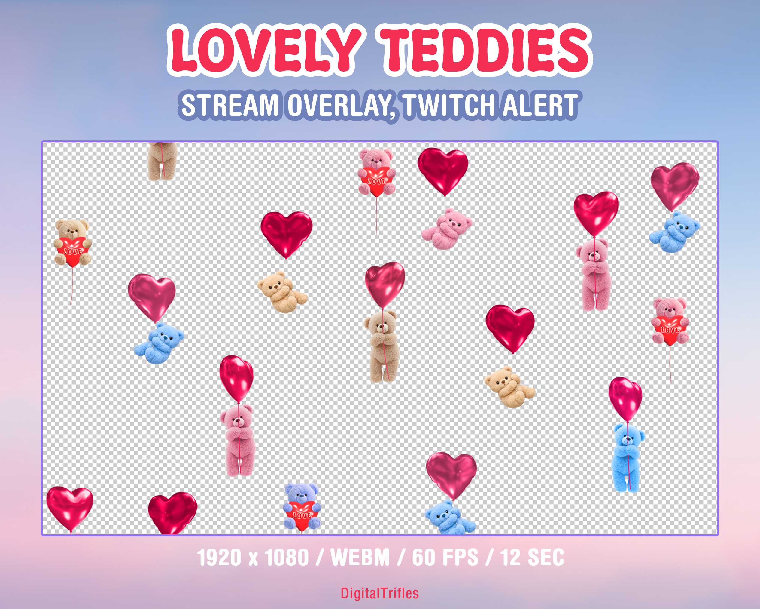 ハート型バルーンで空を飛ぶかわいいテディベアの配信オーバーレイ、アニメーションTwitchアラート、バレンタイン配信デコレーション ...
