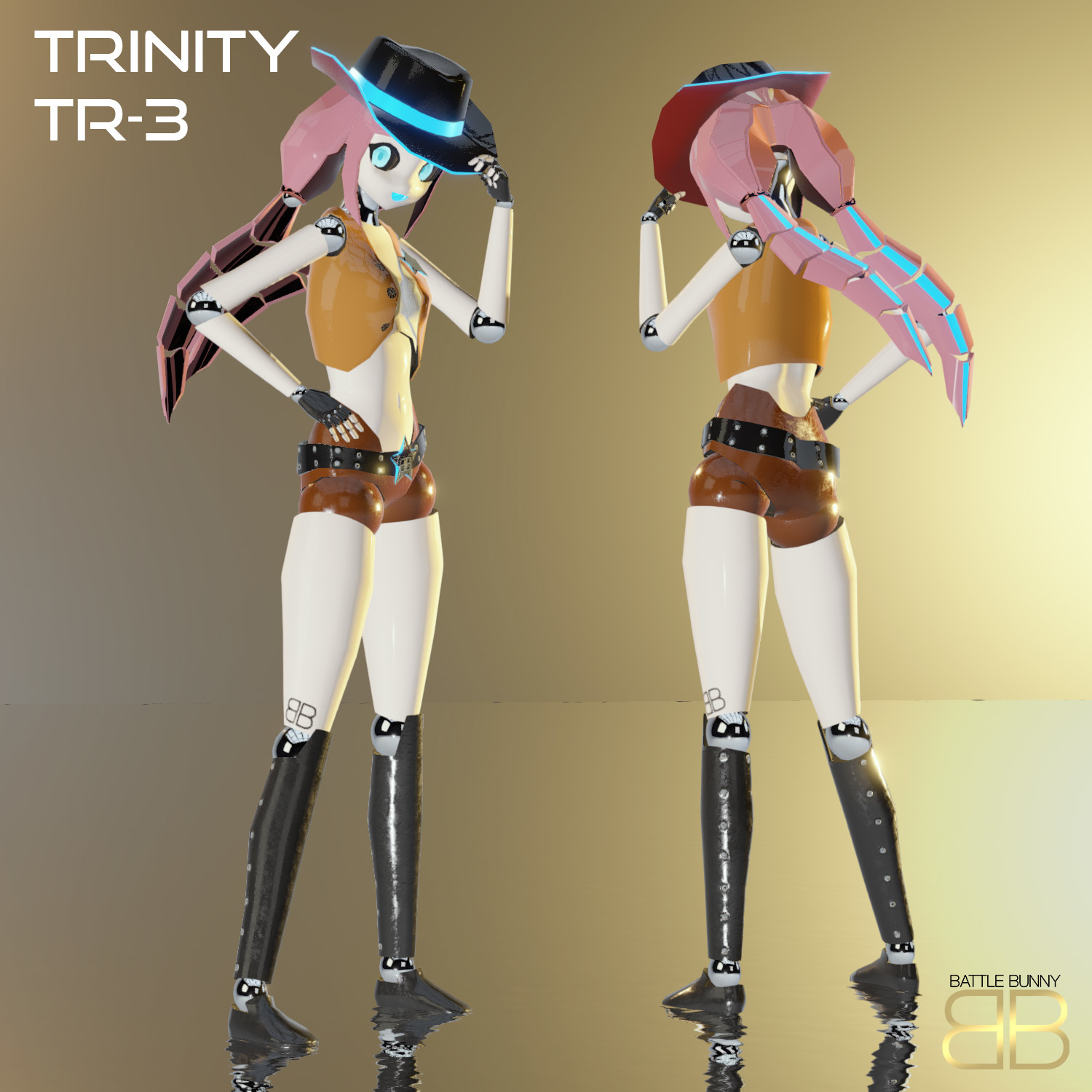 [Original 3D Model] TRINITY TR3 Sheriff Cowgirl Robot VRChat Avatar - Battle Bunny Mods - BOOTH