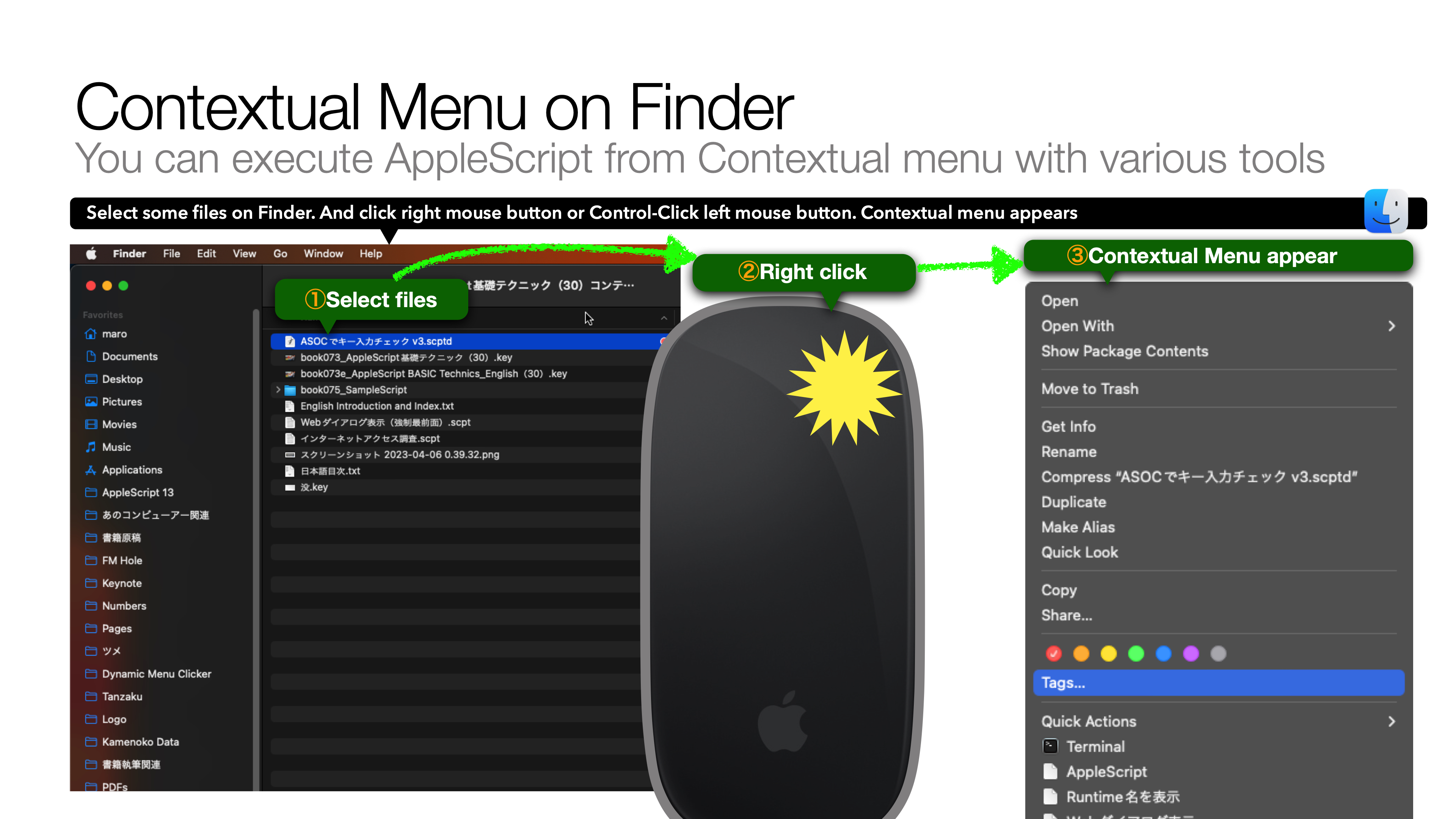 [Eng]AppleScript The BASIC Technics (30) How to build contextual menu scripts - piyomarusoft - BOOTH