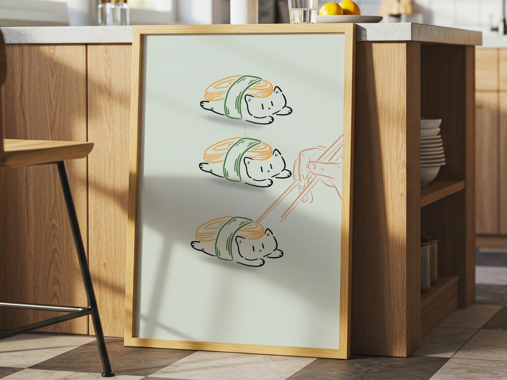 Sushi Cat｜猫 イラスト 寿司 かわいい ミニマル アート ポスター（デジタル） - Kawaii-printable - BOOTH