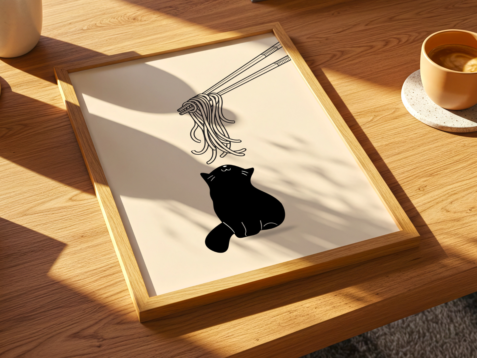 Kitchen Cat Ramen Wall Art｜ラーメンを見つめる黒猫 ミニマルアート - Kawaii-printable - BOOTH