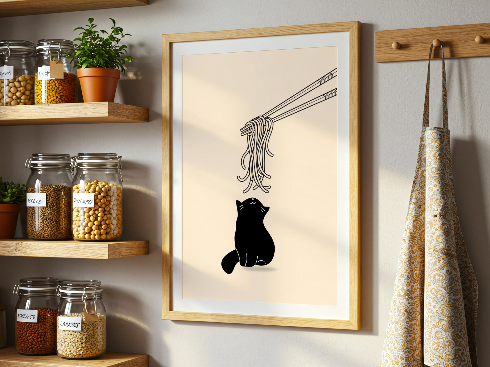 Kitchen Cat Ramen Wall Art｜ラーメンを見つめる黒猫 ミニマルアート - Kawaii-printable - BOOTH