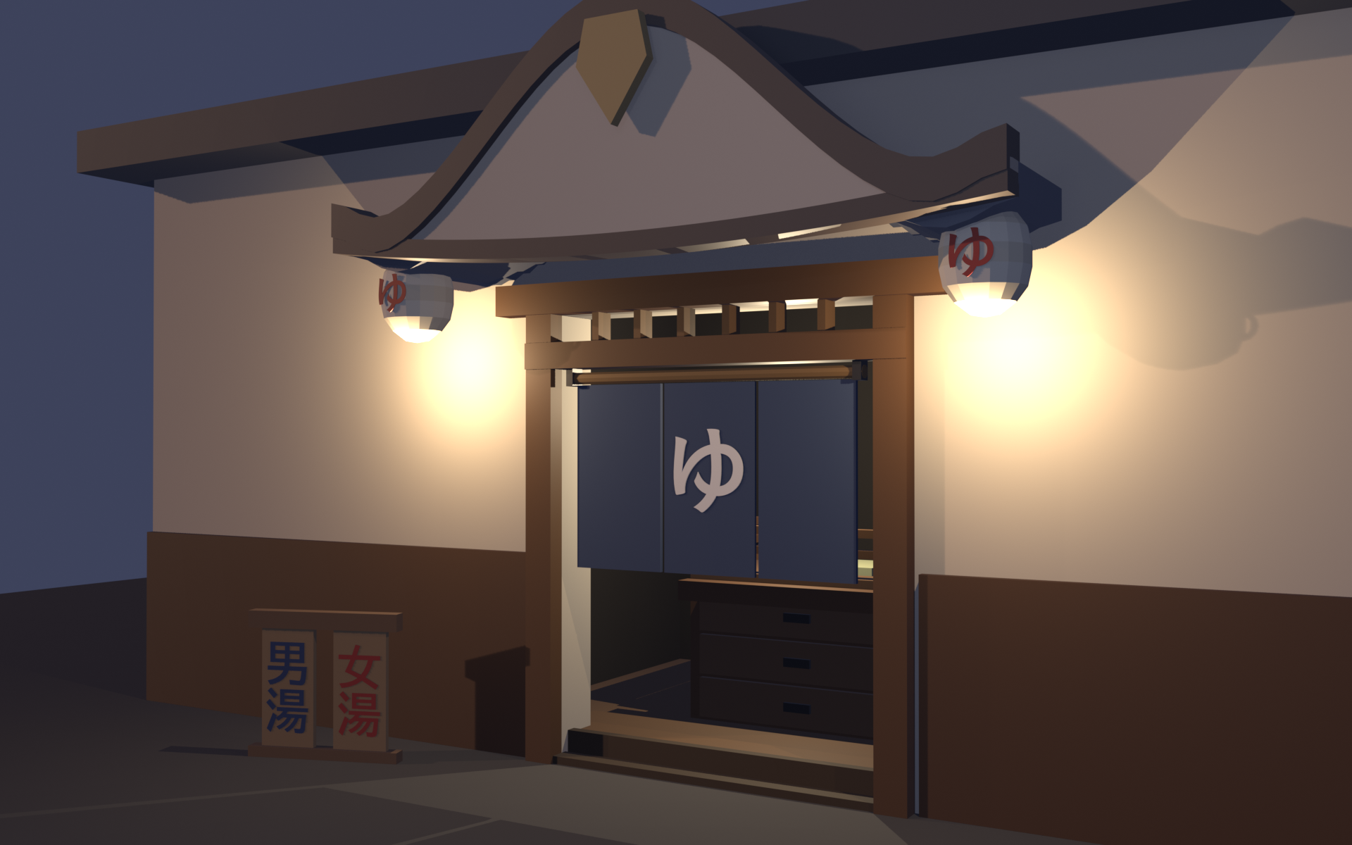 【VRChat想定】銭湯セット 34点 ｜ ローポリ和風・公衆浴場アセット（番台/富士山ペンキ絵/タイル湯船/建材モジュール付 ...