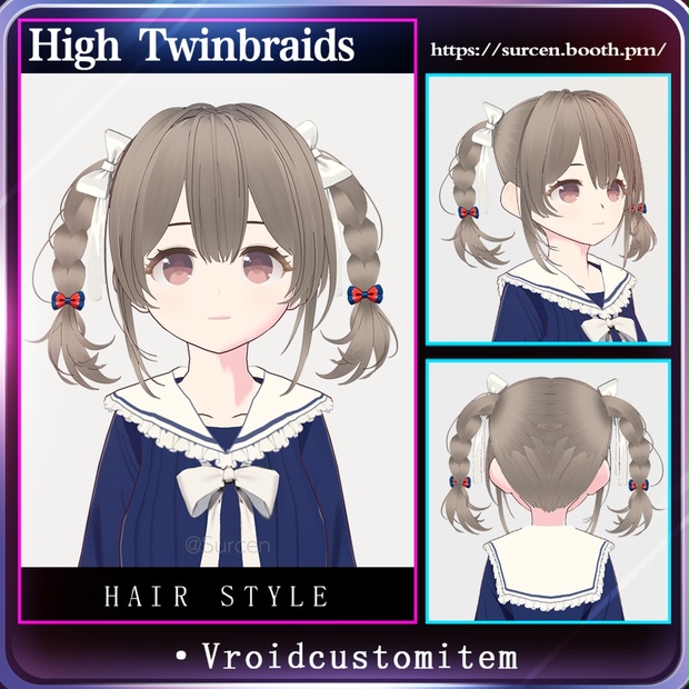 [Vroid] Cute girl hairstyle / High twinbraids / Medium short braid ...