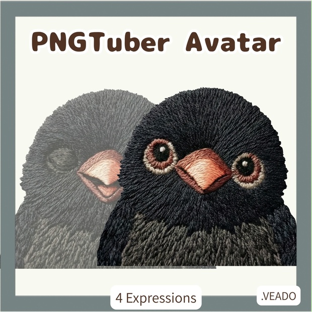 Veadotube対応 刺繍風 カラス PNGtuber素材 - 4表情セット / Embroidery Crow PNGTuber ...
