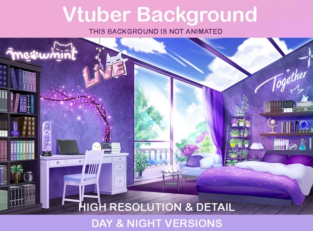 Day version - Blue Purple Modern Vtuber Bedroom Background - meowmint - BOOTH