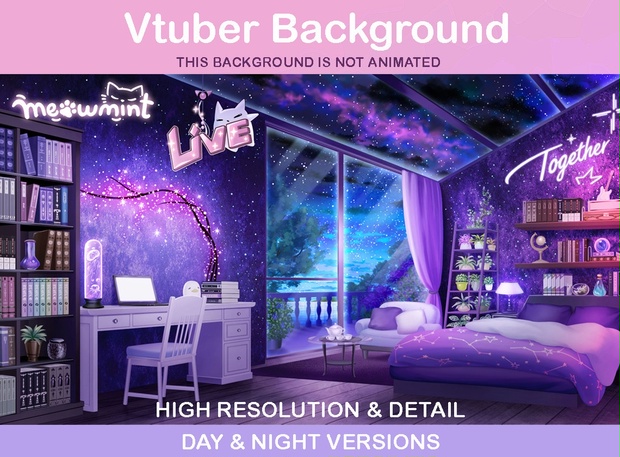 Night version - Blue Purple Modern Vtuber Bedroom Background - meowmint - BOOTH