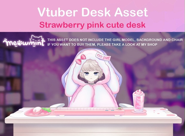 Strawberry Pink Cute Desk - Vtuber asset - meowmint - BOOTH