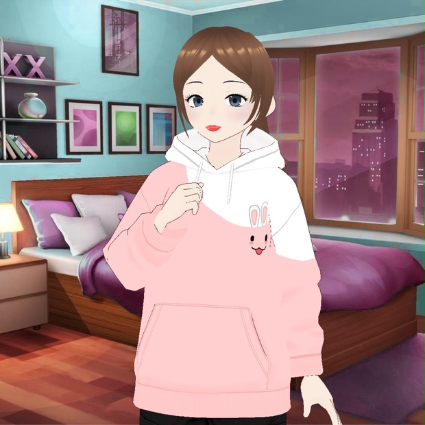 【VRoid】 Pink & White Cheerful Bunny Hoodie - The Ethereal Garden - BOOTH