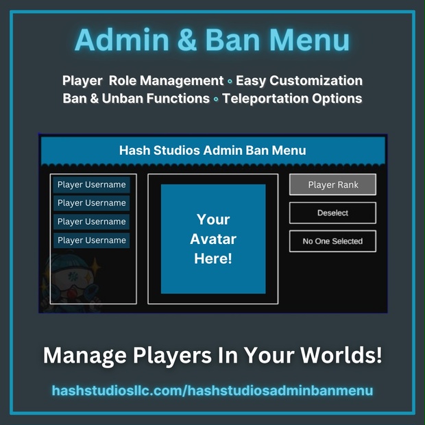 [v1.5] Hash Studios Admin Ban Menu / ハッシュスタジオズアドミンバンメニュー [UdonSharp] [SDK3] - Hash Studios LLC ...