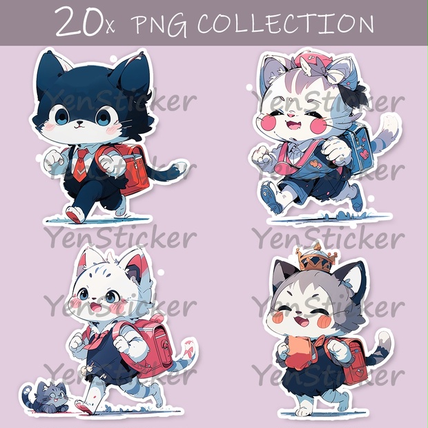 Cute digital design for sticker bundle (20P), Kitten go to school ...