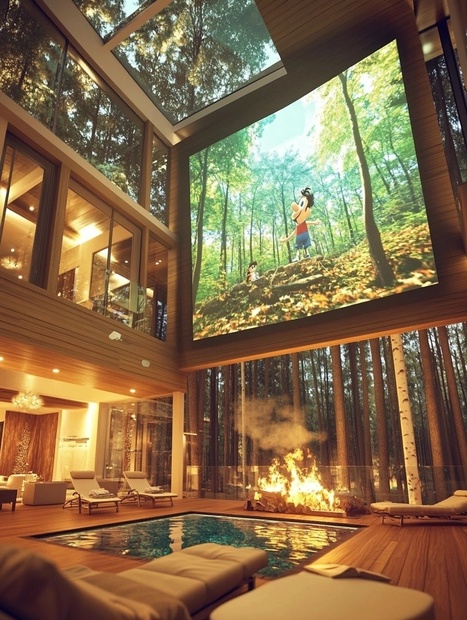 【SNS 344,400再生：配信用背景素材】癒しの贅沢ルーム：巨大スクリーンと焚き火、アニメが溶け合うプール空間 - fantastic-room - BOOTH