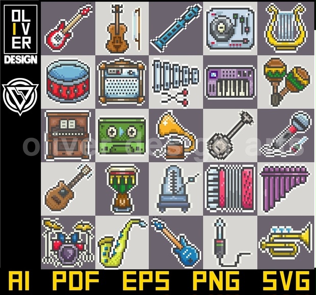 Pack of 25 musical instruments in pixelart,pixel,color,editable vector ...
