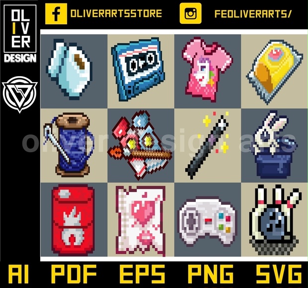 12-pack of pixel art icons, assorted icons in editable illustrator ...
