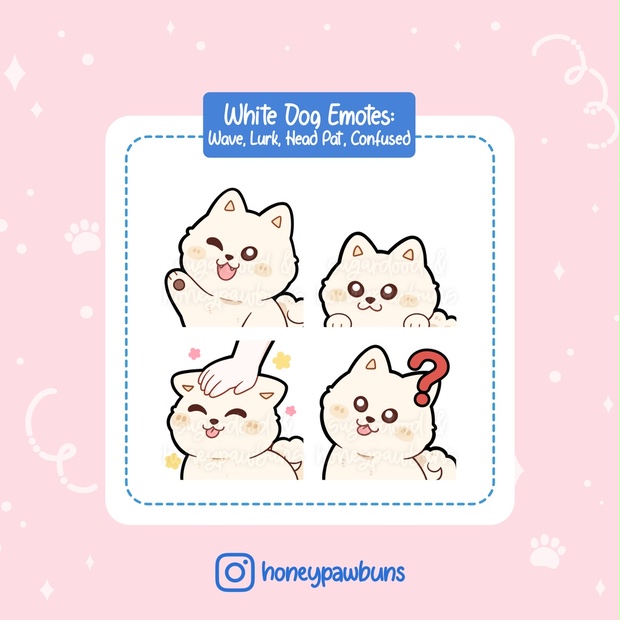 White Dog Twitch Emotes: Wave, Lurk, Head Pat, Confused - sugardood - BOOTH