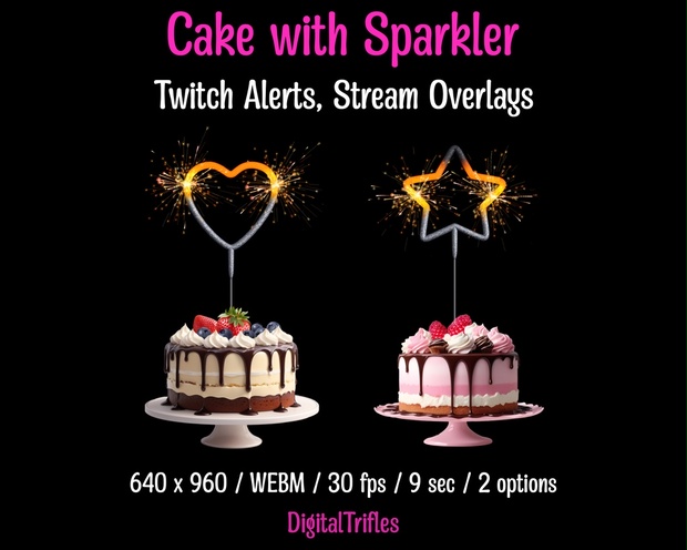 スパークラー付きケーキのTwitchアラート、アニメーションストリームオーバーレイ、祝祭用ストリーム装飾、VTuber向けアセッ ...