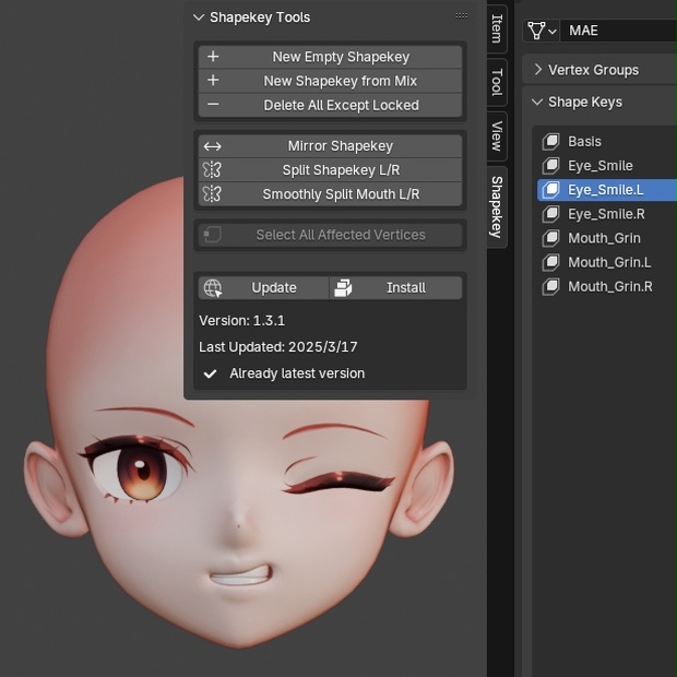「無料」Blender Shapekey Tools 1.3.1 左右のシェイプキーをワンクリックで分割・結合 - namakoshiro - BOOTH