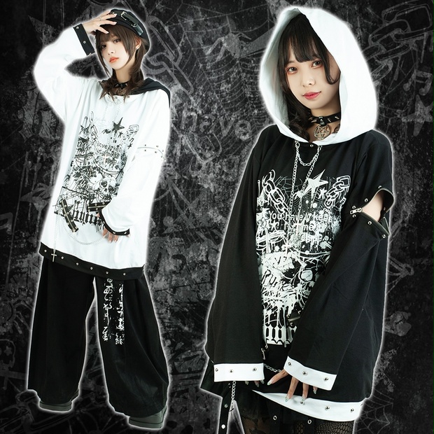 Jillpunk ビジュアル系 パンクロック バンギャ 兄系 失われたランド チャック穴あき スダッズリベット クロスチャーム 鎖チェーン付き ゆったり 長袖パーカー メンズ レディーズ ...