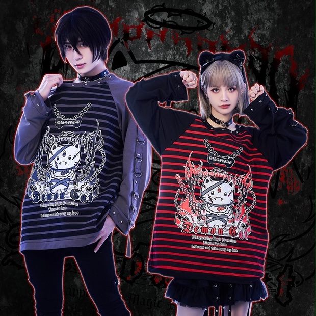 Jillpunk可愛いパンク 破壊神ネコ バンギャ エモパンク ボーダー柄 スダッズ付き 長袖Tシャツ ラグラン ロング丈カットソー 男女兼用 オリジナルスタイル レディーズ V系 おしゃれ ...