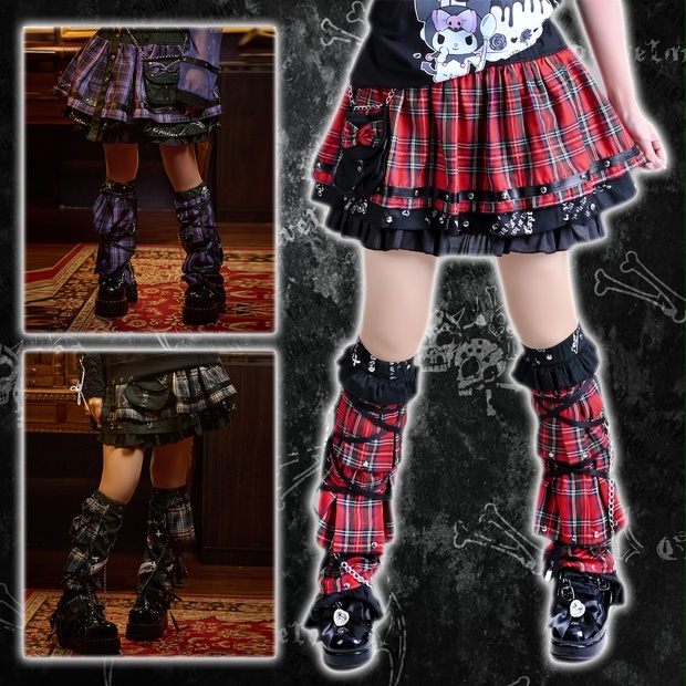 Jillpunk 恋の幻想日 NANA パンクロック バンギャ エモパンク タータンチェック柄 ウェストバッグ付き ティアード 2層ボリューム ショートスカート レッグウォーマーセット ...