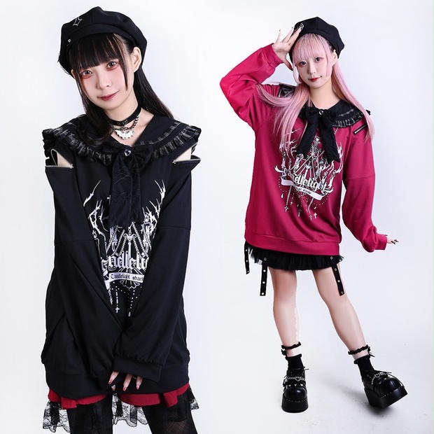 Jillpunk 和洋折衷 ヤンキーJK ゴシック ブリティッシュ系 シャンデリア晩宴 地雷系 タータン柄 取り外し可能なカラー 蝶ネクタイ付き 飾りチャック セーラー服 長袖カットソー 男女 ...