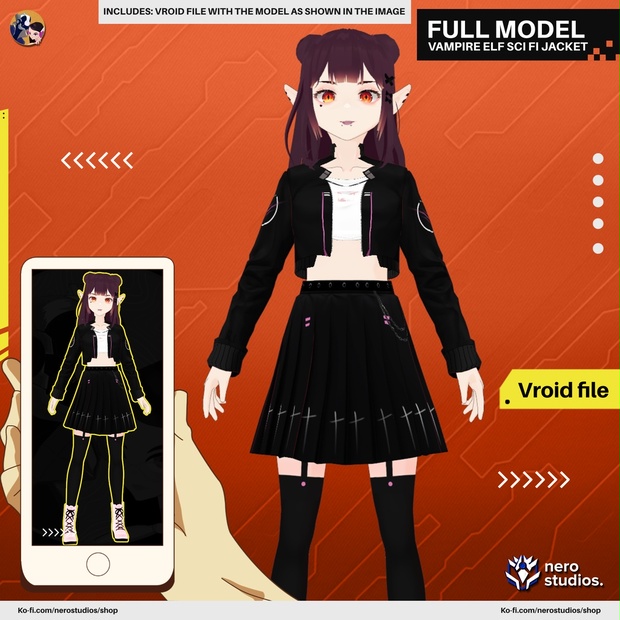 VAMPIRE ELF GOTHIC GIRL SCI FI JACKET, ELF EARS, BLACK OUTFIT, BLACK SKIRT (VROID FILE) / SF 吸血鬼 ...