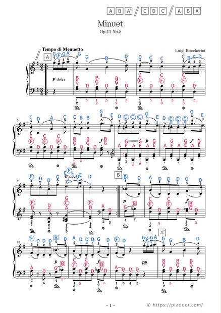 Minuet(Boccherini) Sheet Music For Piano (With Letters / With Finger ...