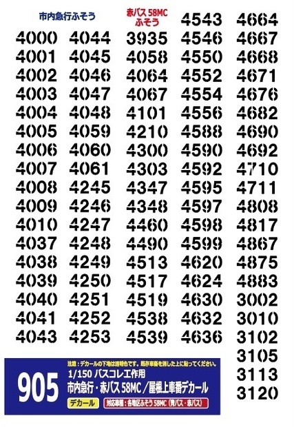 【1/150 バスコレ工作用デカール】市内急行ふそう・赤バス58MCふそう／屋根上車番 No:905 - バスサイトシーンビー - BOOTH