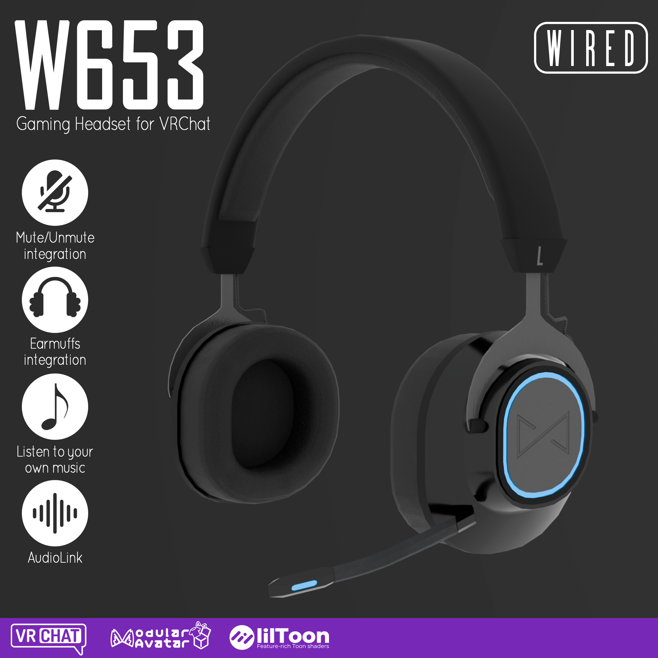 【Modular Avatar】w653 Headset | Gaming Headset for VRChat - WIRED - BOOTH