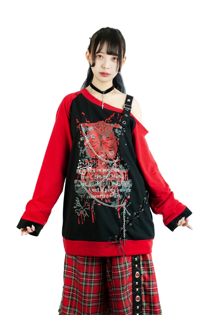 Jillpunk 王道パンク V系 壊れた模型 肋骨プリント ワンショルダー 肩出し レースアップ 鎖チェーン付き ゆったり 長袖Tシャツ カットソー オリジナル パンク メンズ レディーズ ...