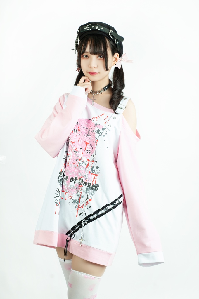 Jillpunk 王道パンク V系 壊れた模型 肋骨プリント ワンショルダー 肩出し レースアップ 鎖チェーン付き ゆったり 長袖Tシャツ カットソー オリジナル パンク メンズ レディーズ ...